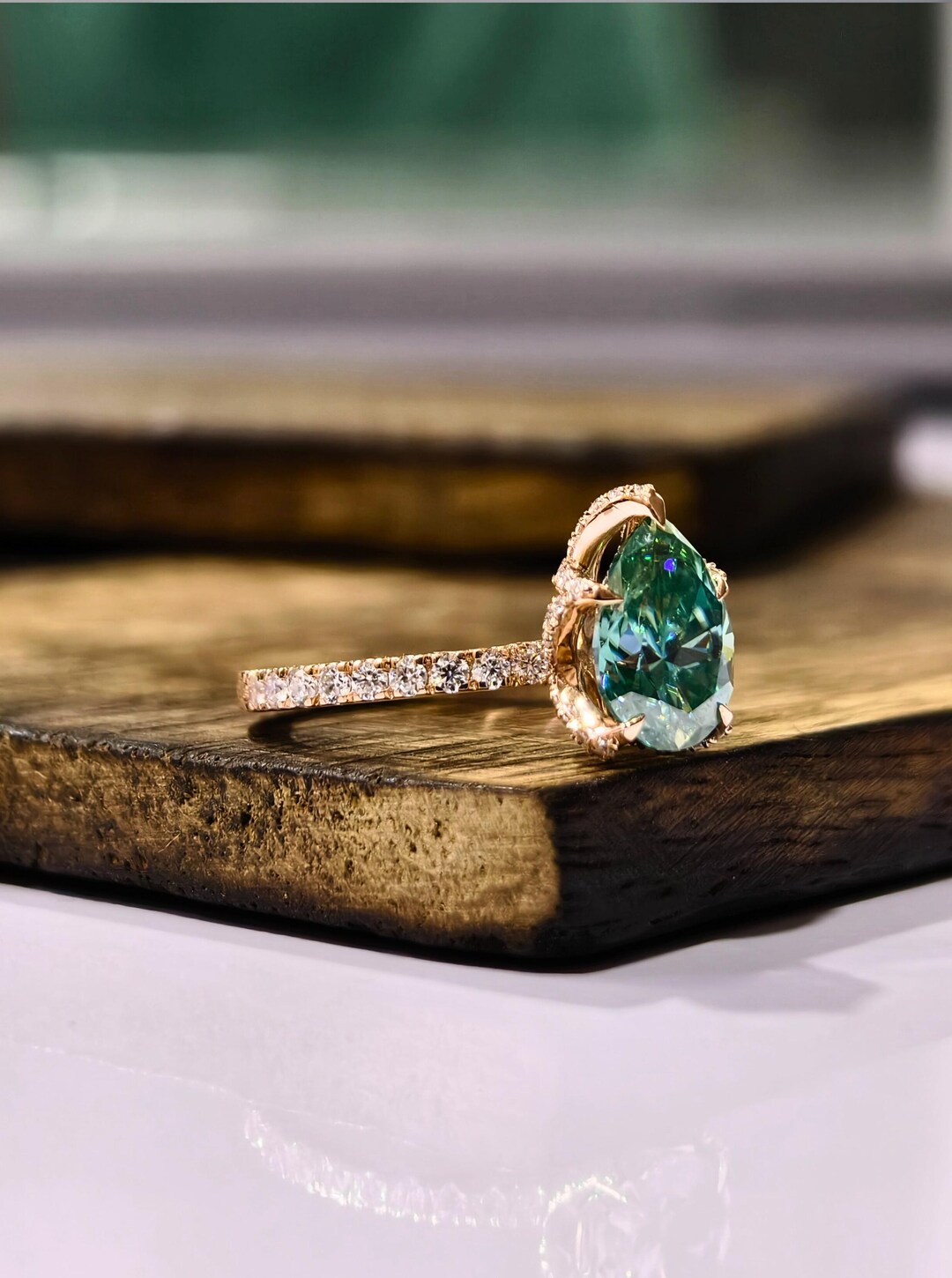 Cyan Blue Pear Cut Moissanite Engagement Ring, Rose Gold Halo Ring With ...