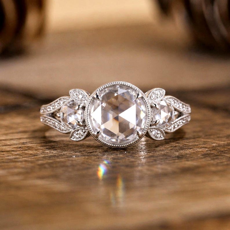 Round Rose Cut Moissanite Three Stone Ring - Art Deco Engagement Ring ...