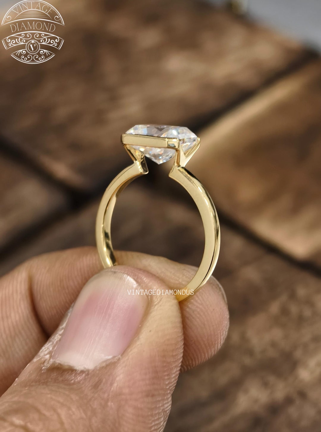 Half Bezel Setting Radiant Cut Moissanite Engagement Ring, Solitaire ...