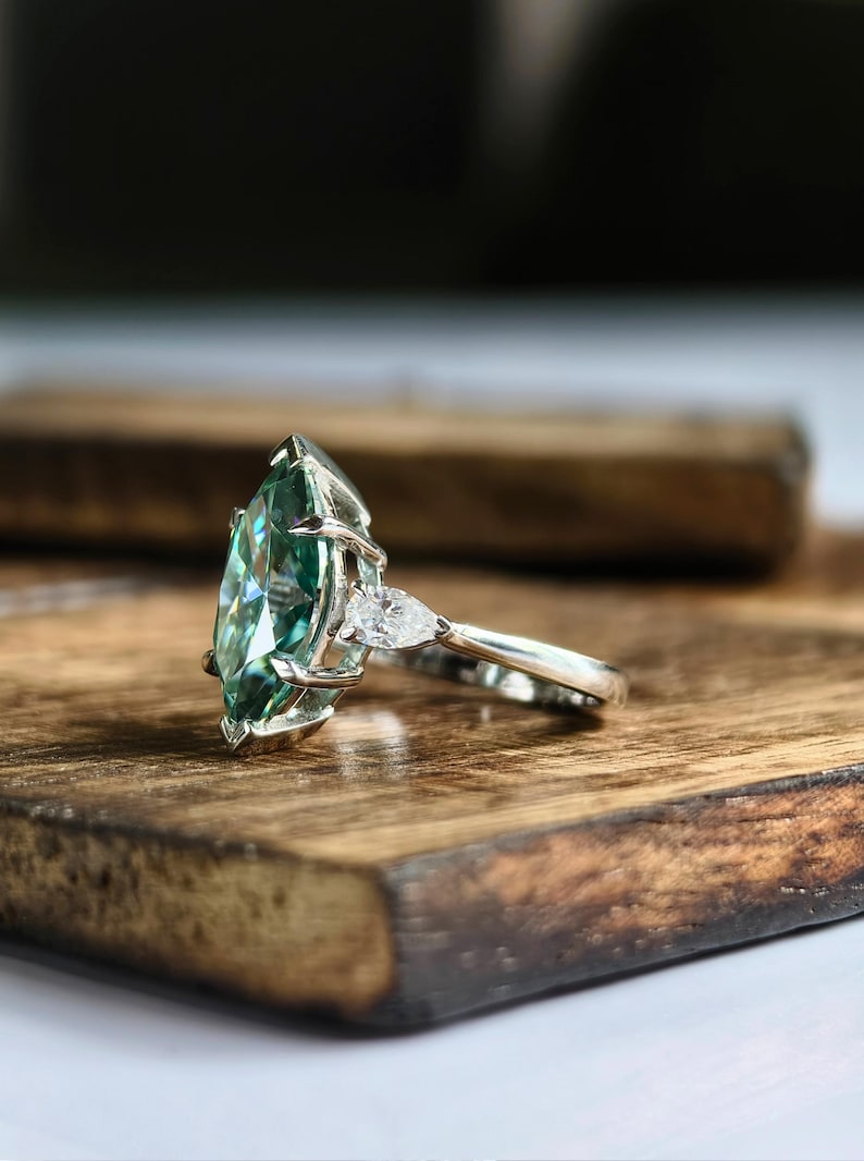 Cyan Blue Marquise Moissanite Engagement Ring, White Gold Three Stone ...