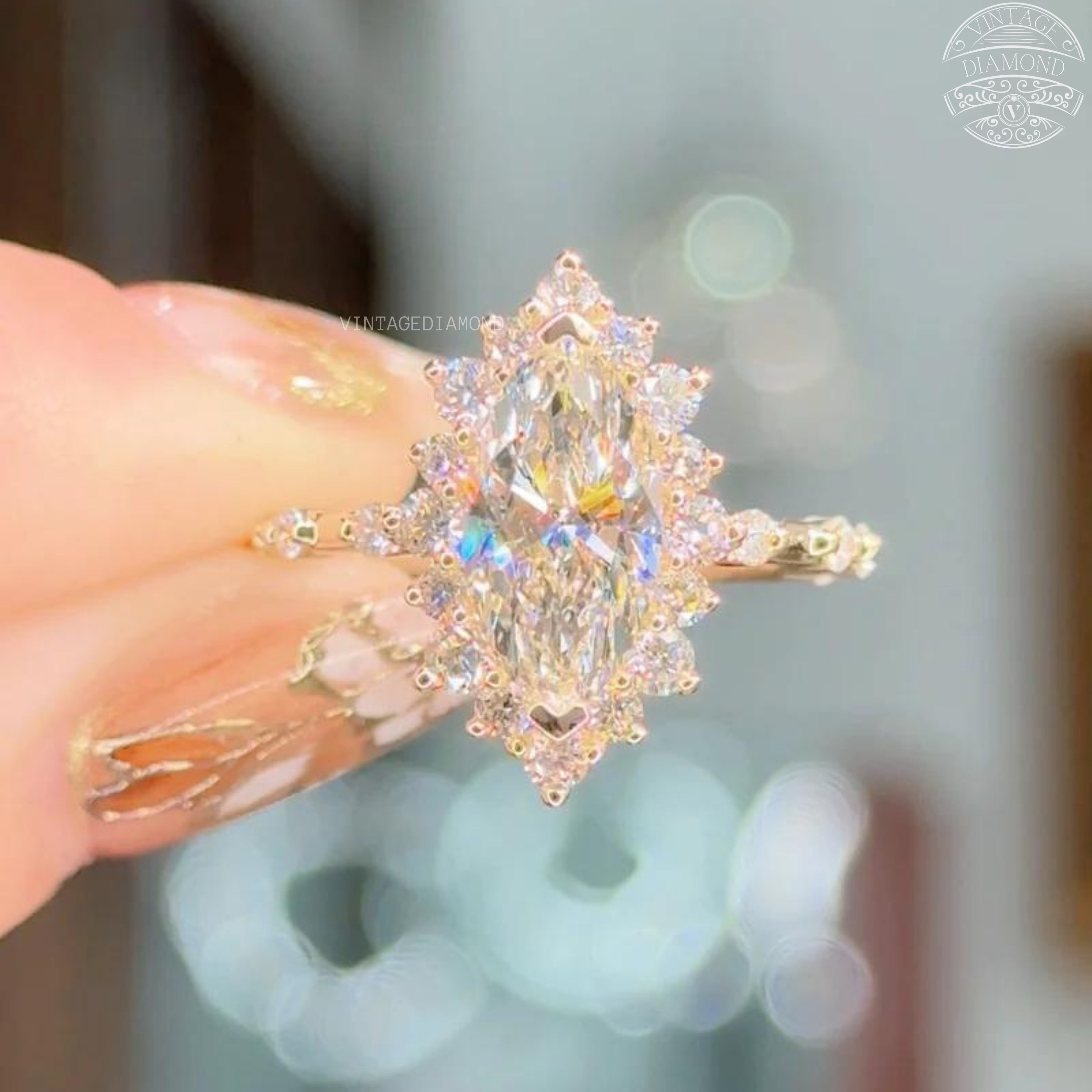 Marquise Cut Cluster Engagement Ring Moissanite Diamond Wedding Ring ...