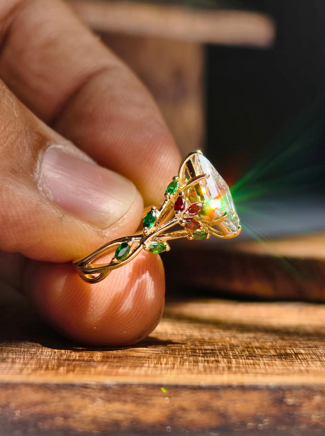 Lozenge Shape Diamond Ring, Lab Grown Center Stone With Ruby Emerald ...