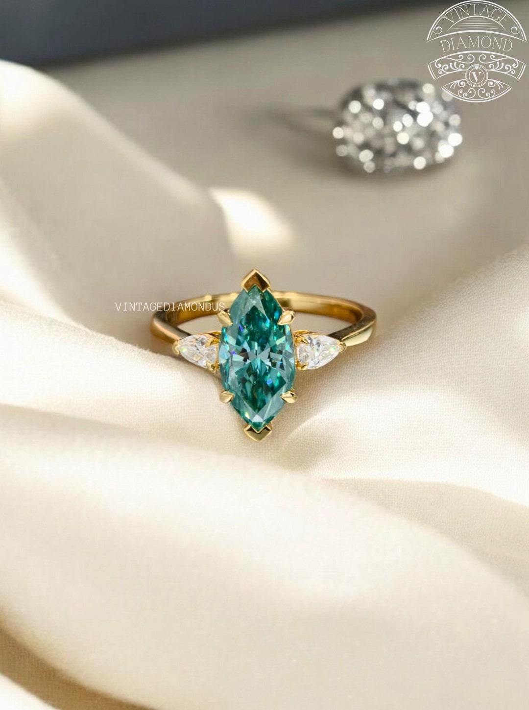 Cyan Blue Moissanite Engagement Ring: Marquise Cut Sterling Silver ...