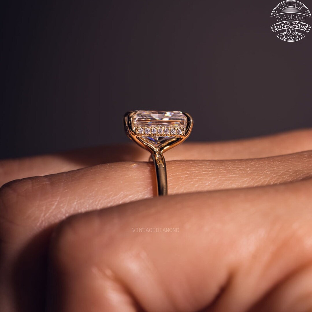 Radiant Cut Moissanite Solitaire Diamond Ring, Hidden Halo Moissanite Wedding Ring, Classic ...