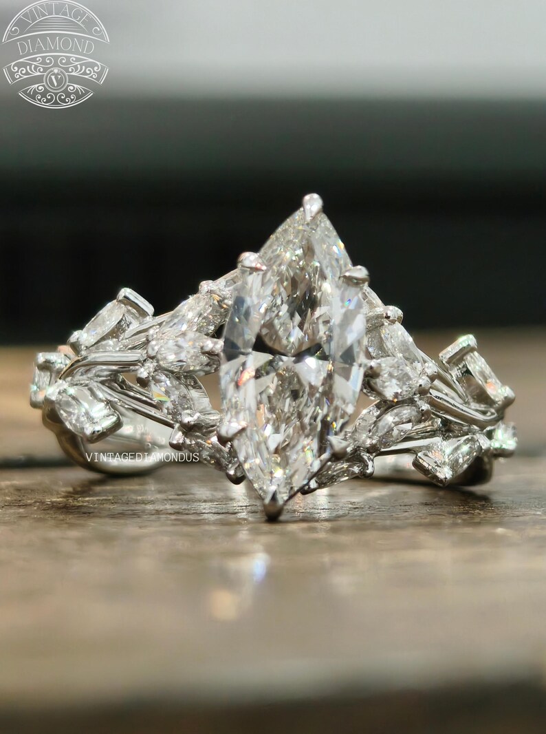 Marquise Cut Lab Grown Diamond Engagement Ring, Nature Inspired Lab ...