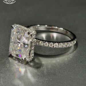 Radiant Cut Pave Setting Hidden Halo Moissanite Diamond Ring, Sparkling ...