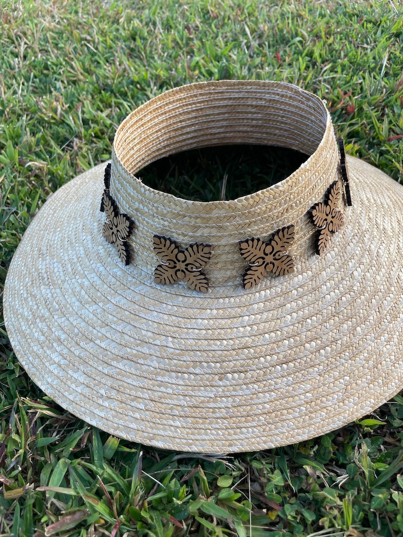 Handcrafted Hawaiian Lei Papale With Ulu Quilt Design | Wooden Lei Hat ...
