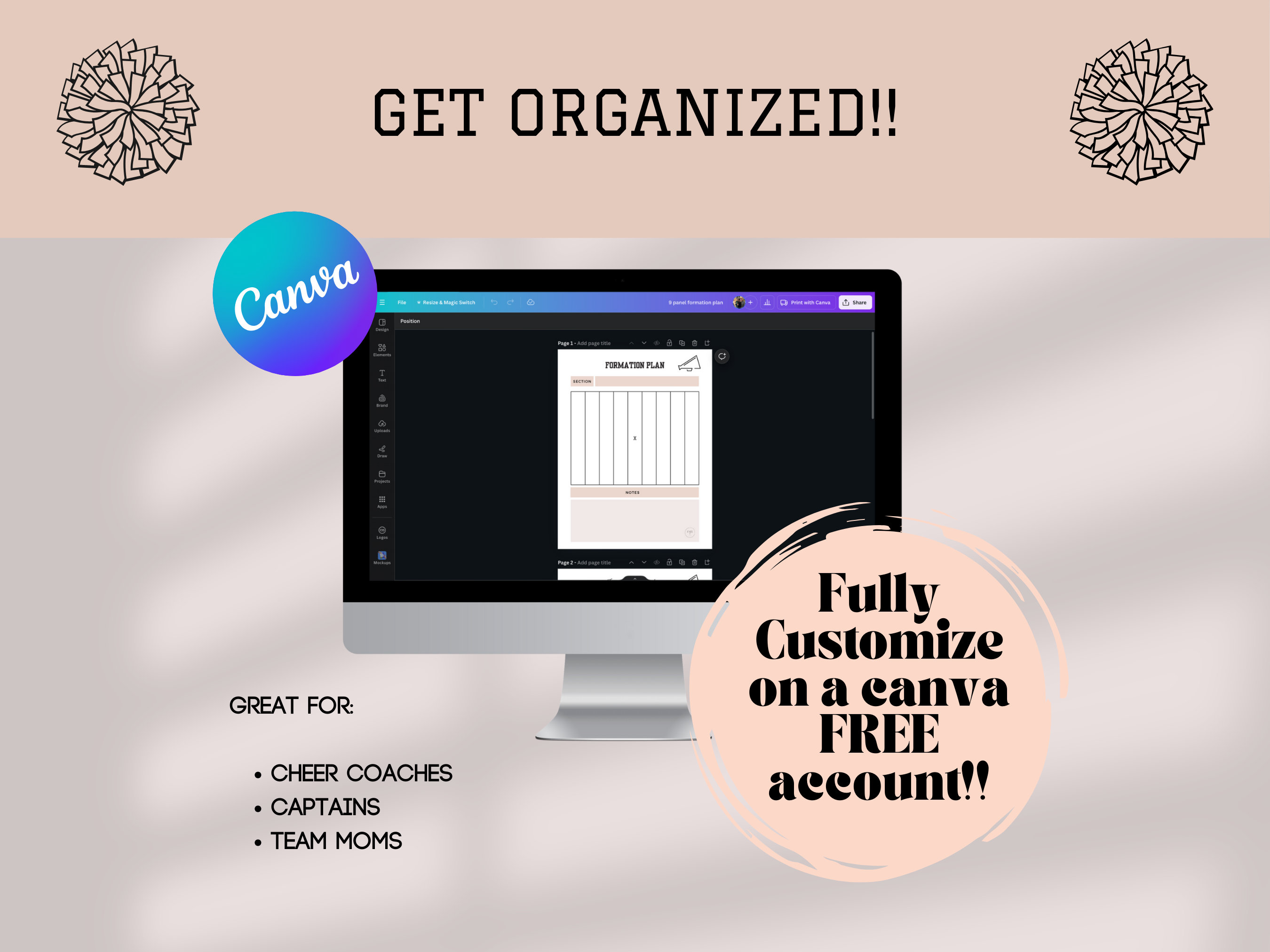 Editable 9 Panel Formation Template, Cheer Coach Planner, Printable - Etsy