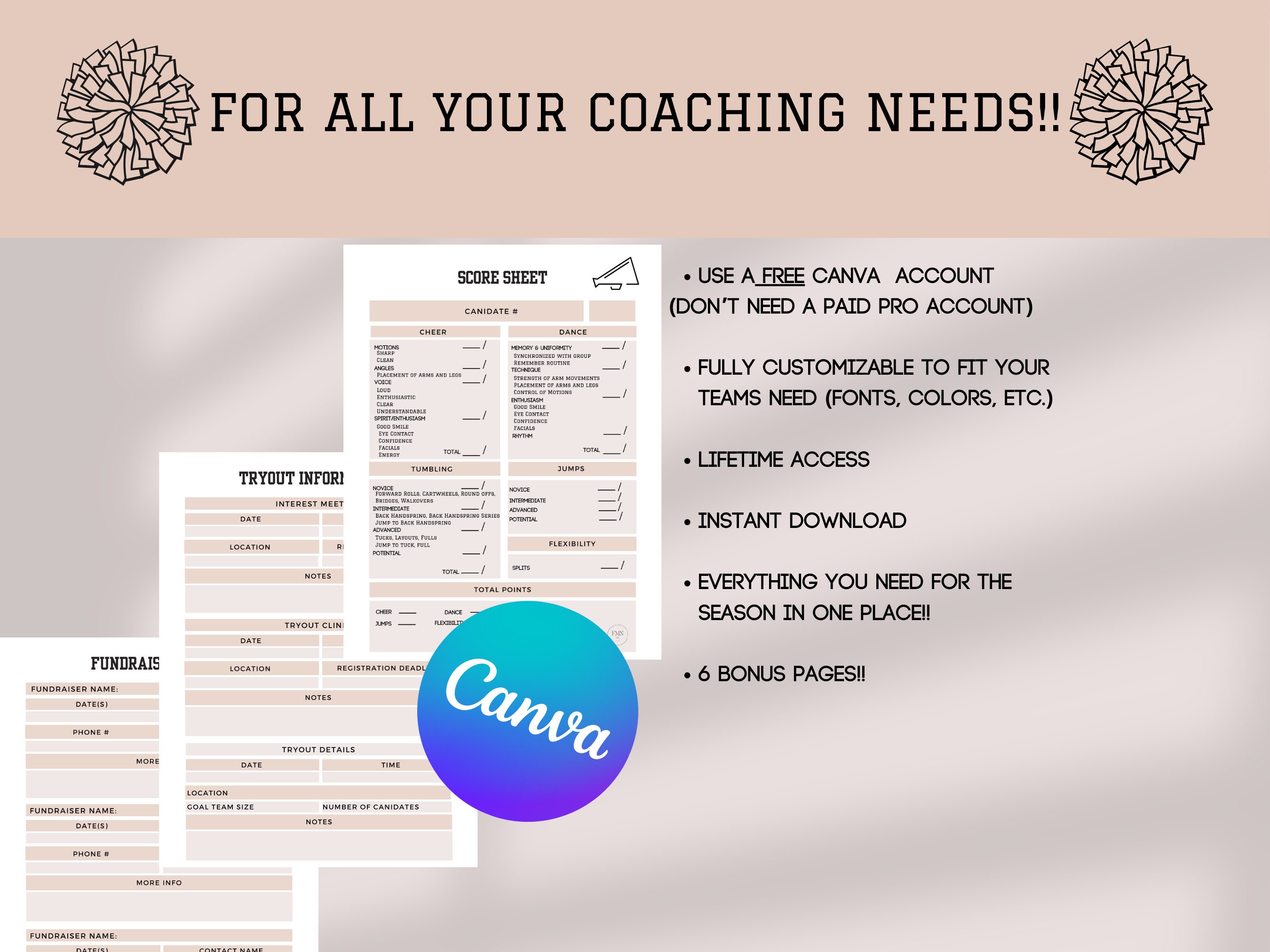 Editable Tryout Planner, Cheer Coach Planner, Printable, Canva Template ...
