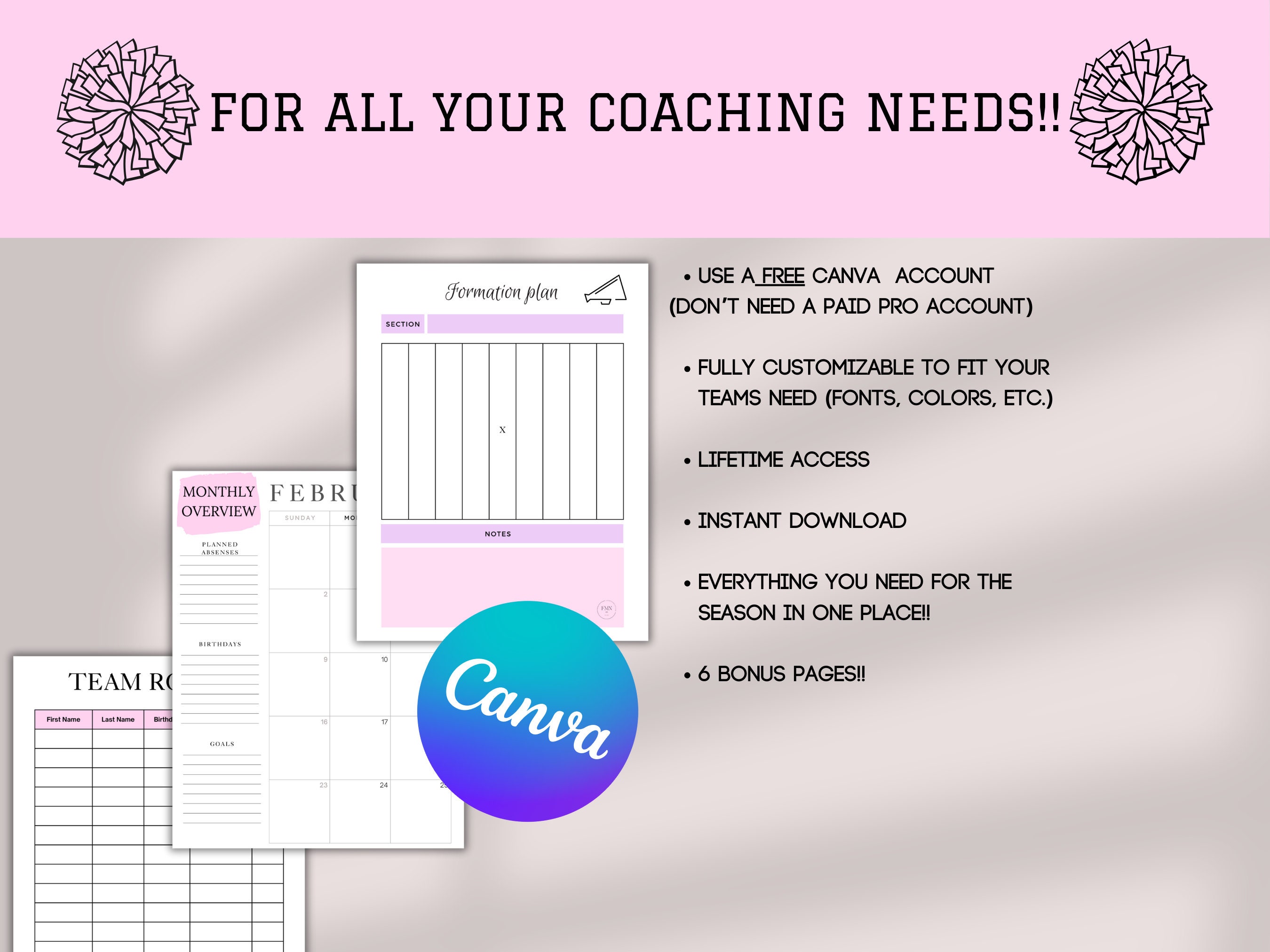 Editable Cheer Coach Binder, Cheer Coach Planner, FULL BUNDLE, 70 ...
