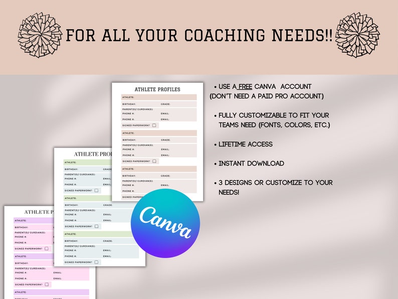 Editable Athlete Profile Template, Cheer Coach Planner, Printable - Etsy