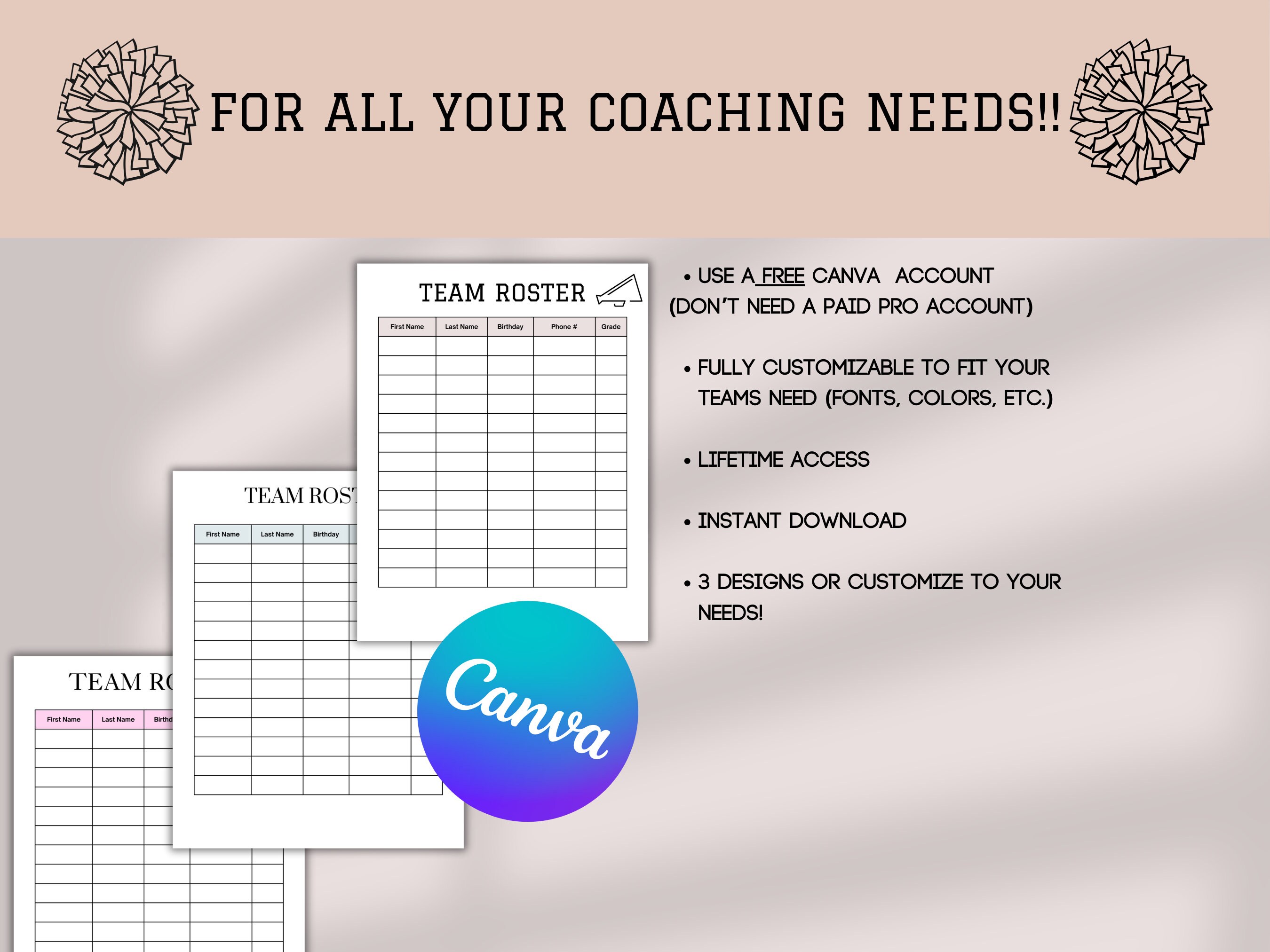 Editable Team Roster Template, Cheer Coach Planner, Printable - Etsy