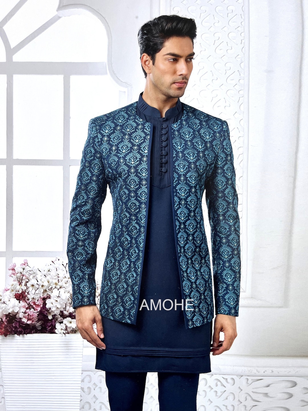 Indian Ethnic Stylish Sequins Heavy Embroidery Open Jodhpuri Suit for ...