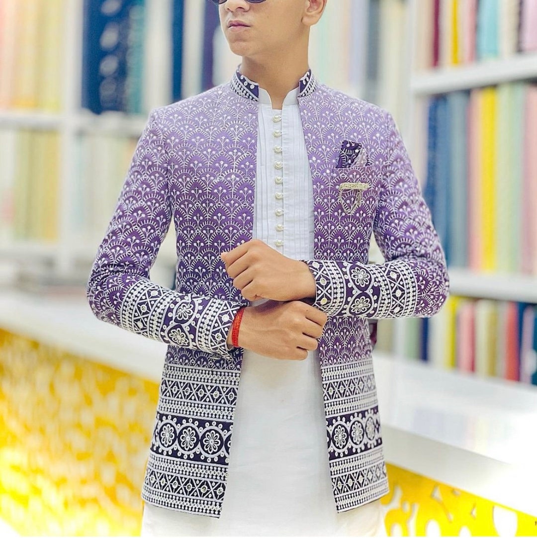 Buy Indian Ethnic Stylish Sequins Zari Designer Open Jodhpuri Suit ...