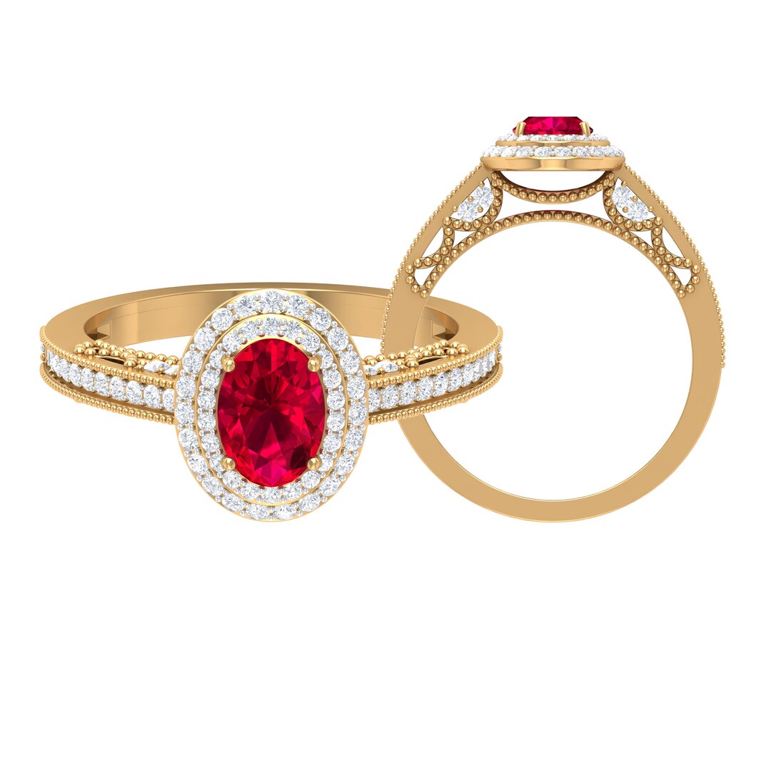 Ruby Double Halo Engagement Ring Oval Shape Ruby Wedding - Etsy
