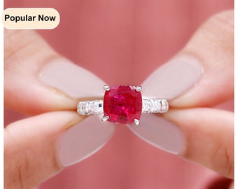 Cushion Cut Engagement Ring / Red Ruby Wedding Solitaire / - Etsy