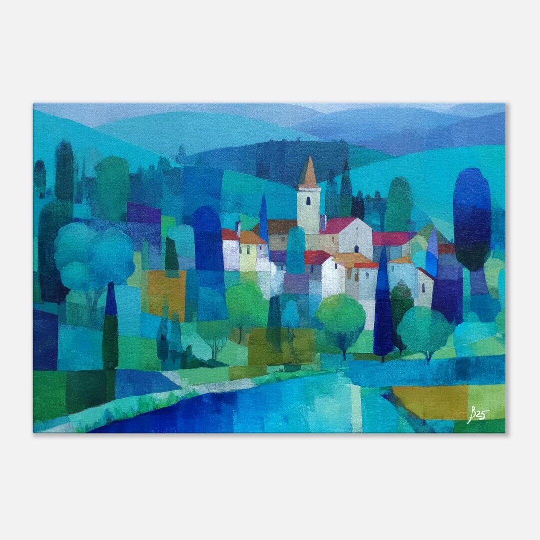 Cubist Village by the River Canvas Print - Handmade Wall Art for Home ...