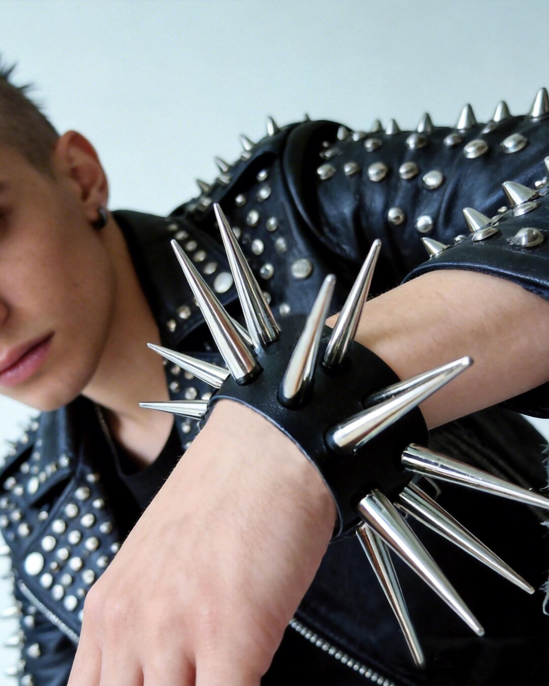 Punk 1.57” | 2.17” Silver Spiked Leather Bracelet: Long Studded Wrist ...