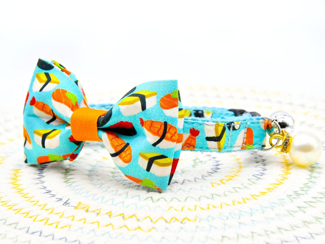 Bow Tie Cat Collar Set, " Sushi “, Blue Cat Collar Matching Bowtie With ...