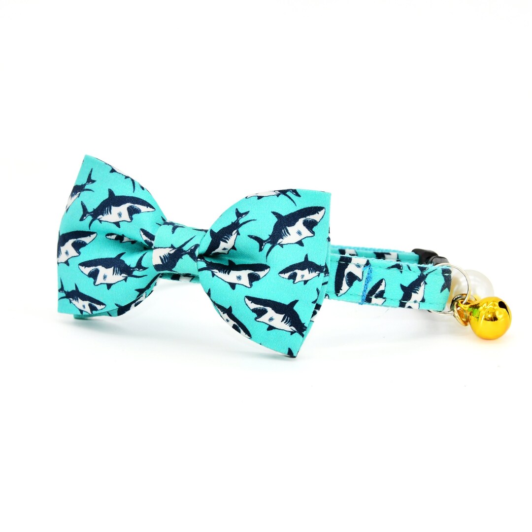 Bow Tie Cat Collar Set, Blue Shark Cat Collar Matching Bowtie With Bell ...