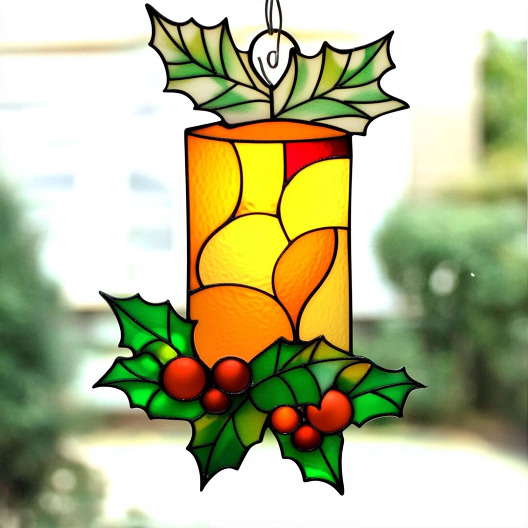 Digital Download Stained Glass Candle With Holly N01 Pattern | Festive ...