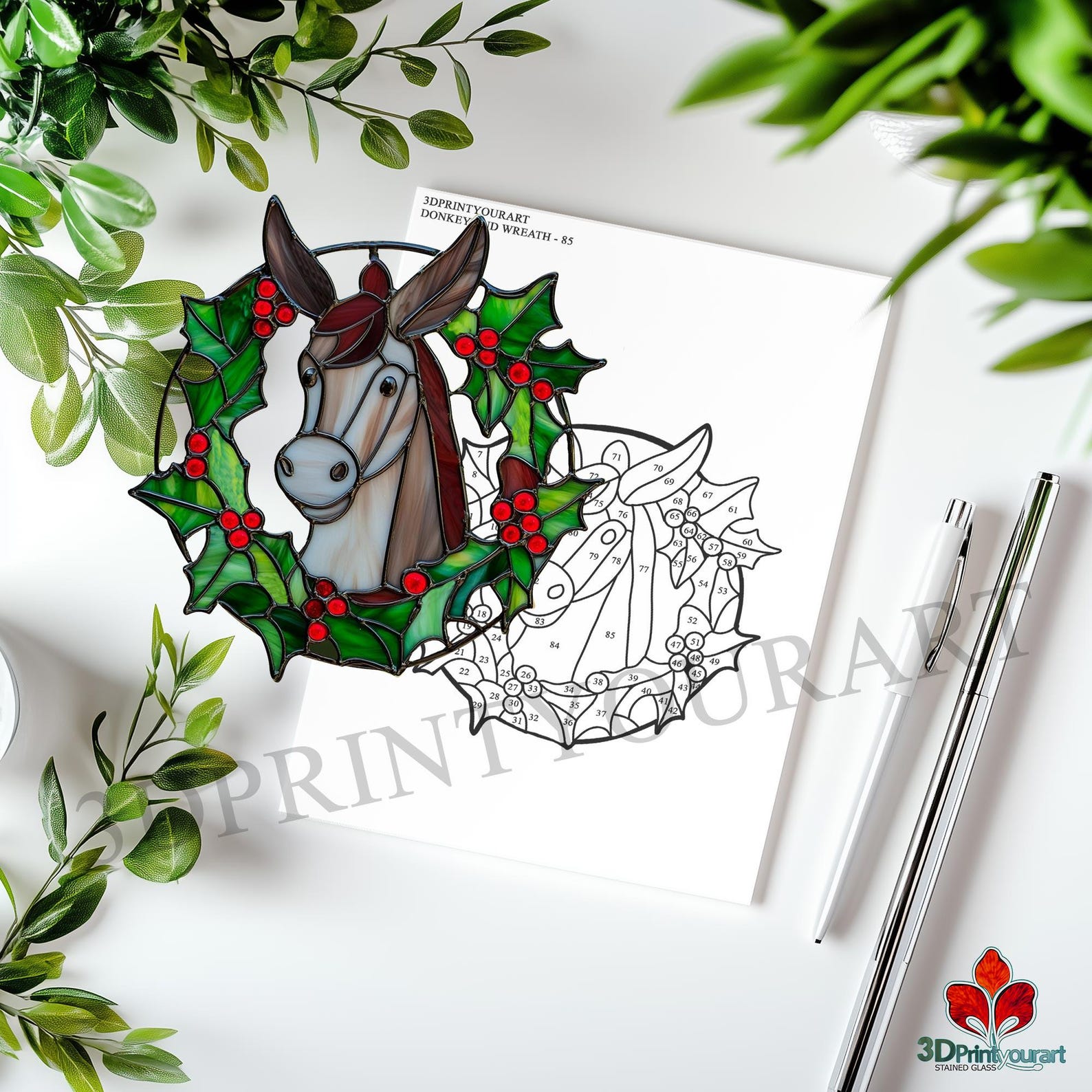 Digital Download Stained Glass Christmas Donkey and Wreath Pattern ...