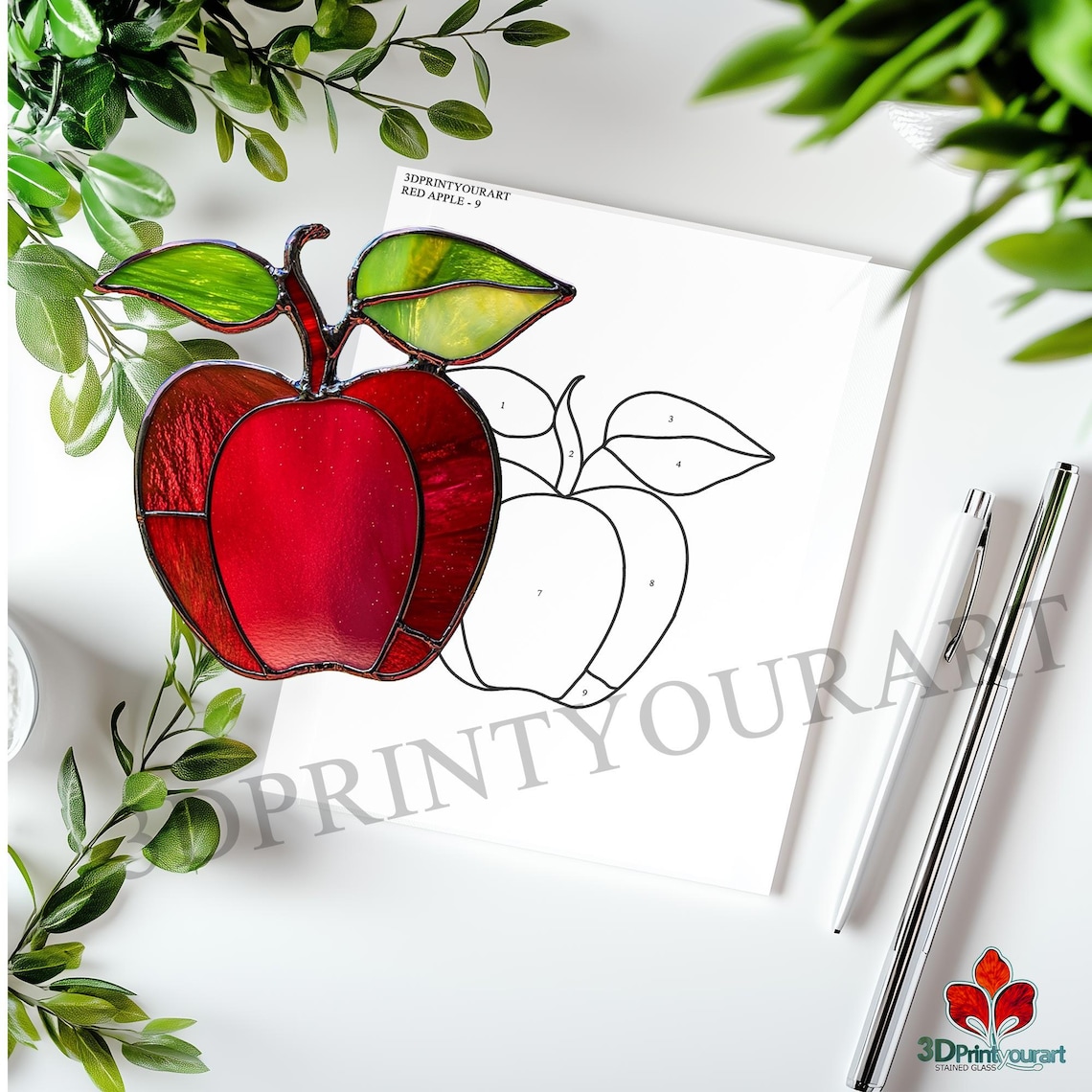 Digital Download Stained Glass Red Apple Pattern | Festive Suncatcher ...