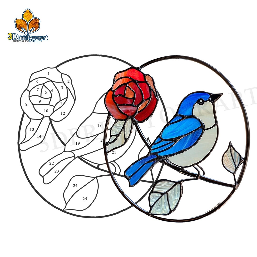 Digital Download Stained Glass Blue Bird and Rose Pattern | Festive ...