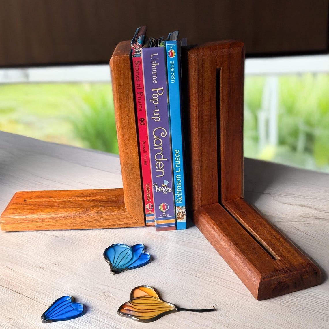 Wooden Bookends With Stained Glass Display Slot 6x7 Inch Stand for ...
