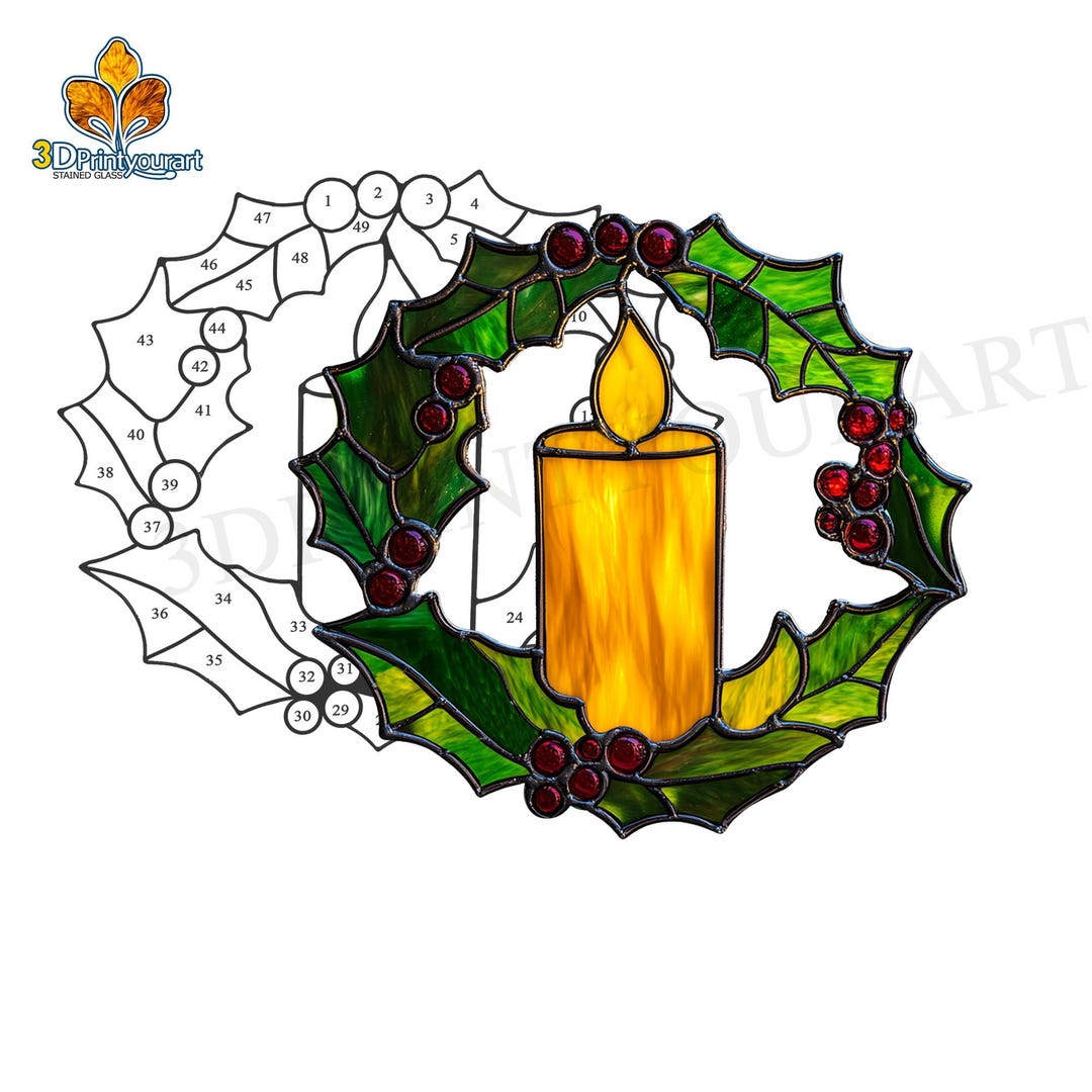 Digital Download Stained Glass Christmas Wreath and Candle Holly ...