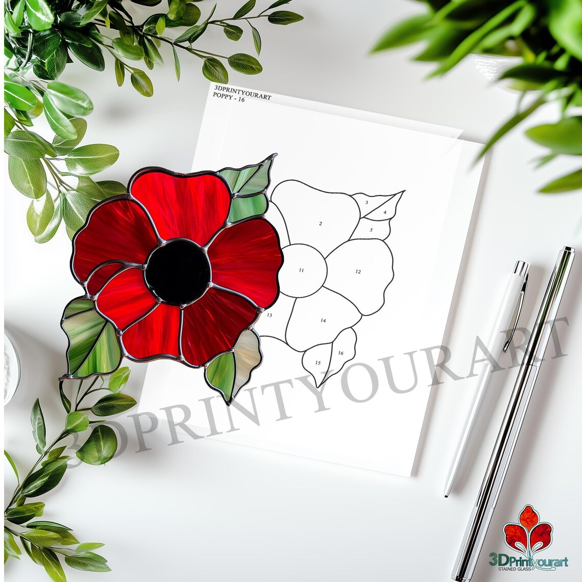 Digital Download Stained Glass Poppy Pattern | Festive Suncatcher ...