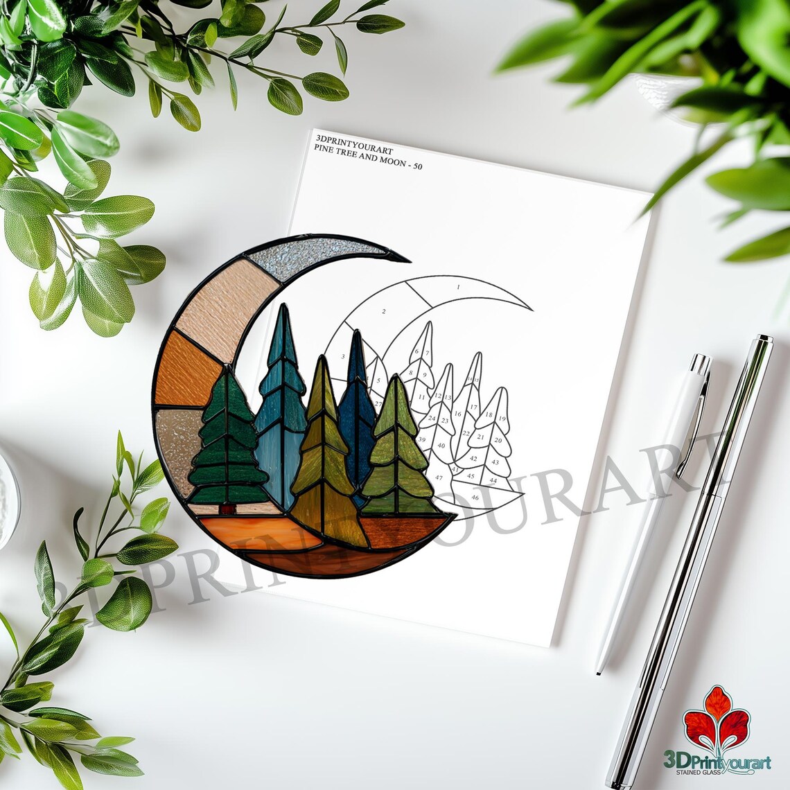 Digital Download Stained Glass Pine Tree and Moon Pattern | Festive ...