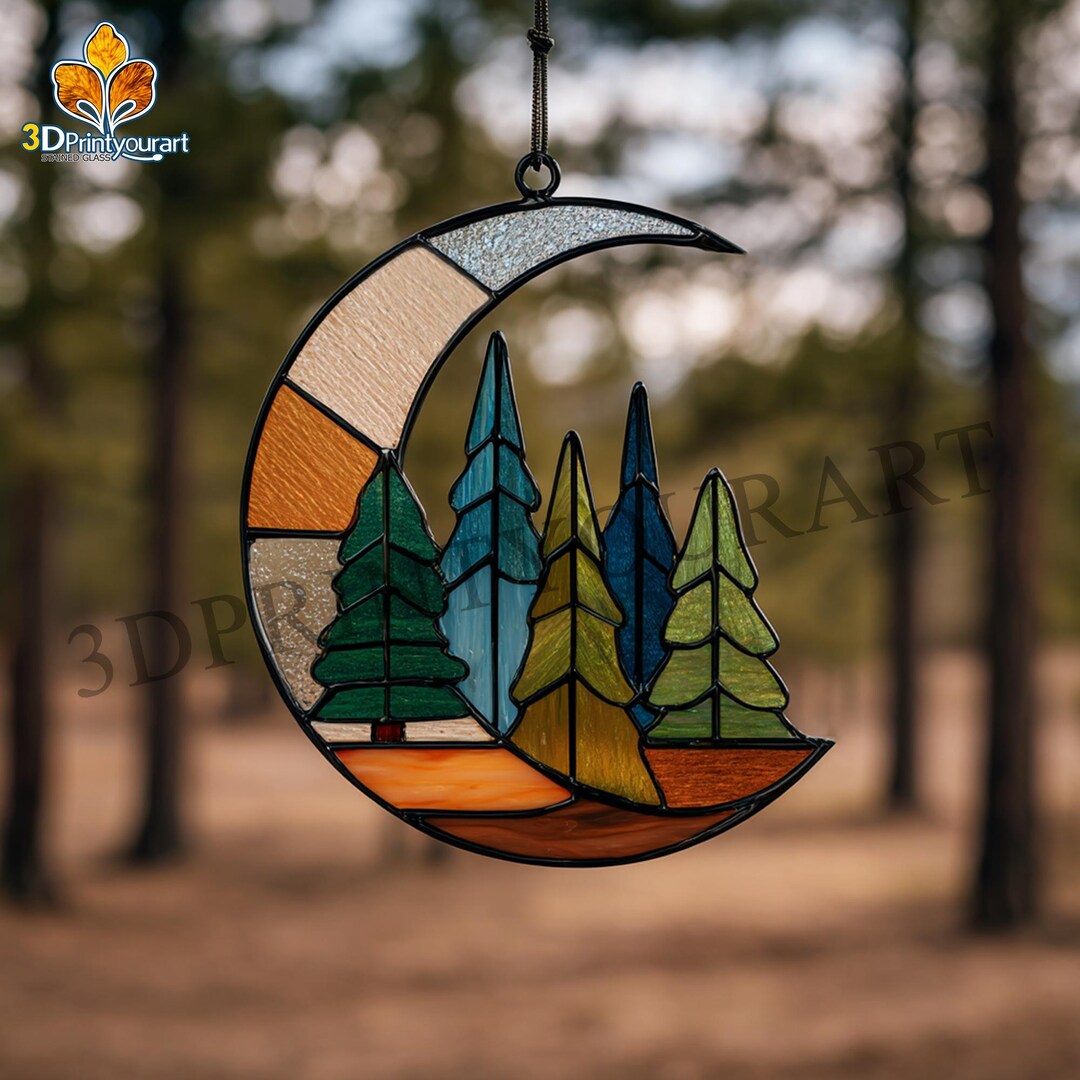 Digital Download Stained Glass Pine Tree and Moon Pattern | Festive ...