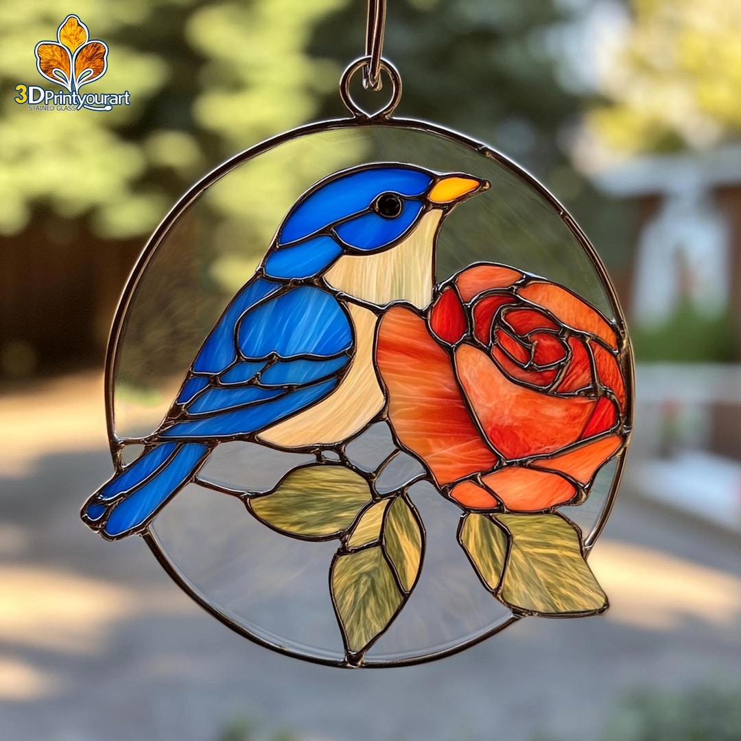 Digital Download Stained Glass Blue Bird Pattern | Festive Suncatcher ...