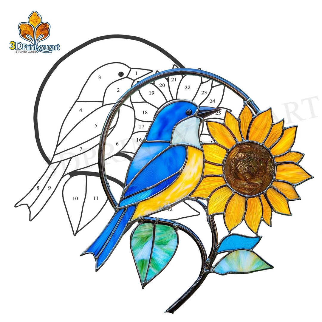 Digital Download Stained Glass Blue Bird and Sunflower Pattern ...