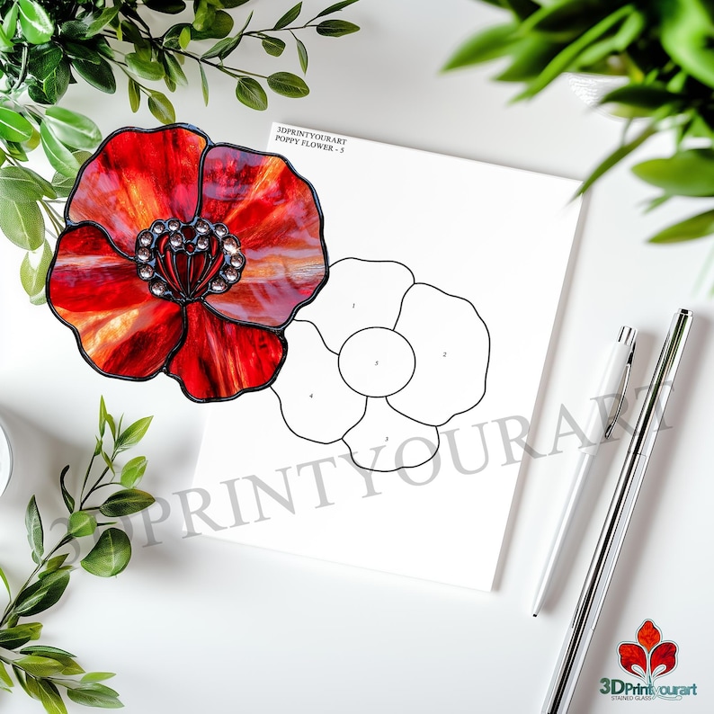 Digital Download Stained Glass Poppy Pattern M02 | Festive Suncatcher ...