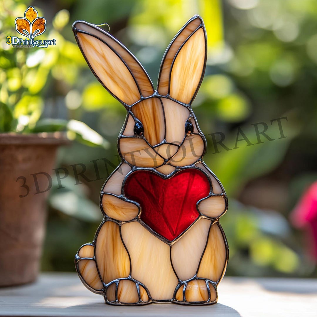 Digital Download Stained Glass Rabbit and Heart Pattern Festive ...