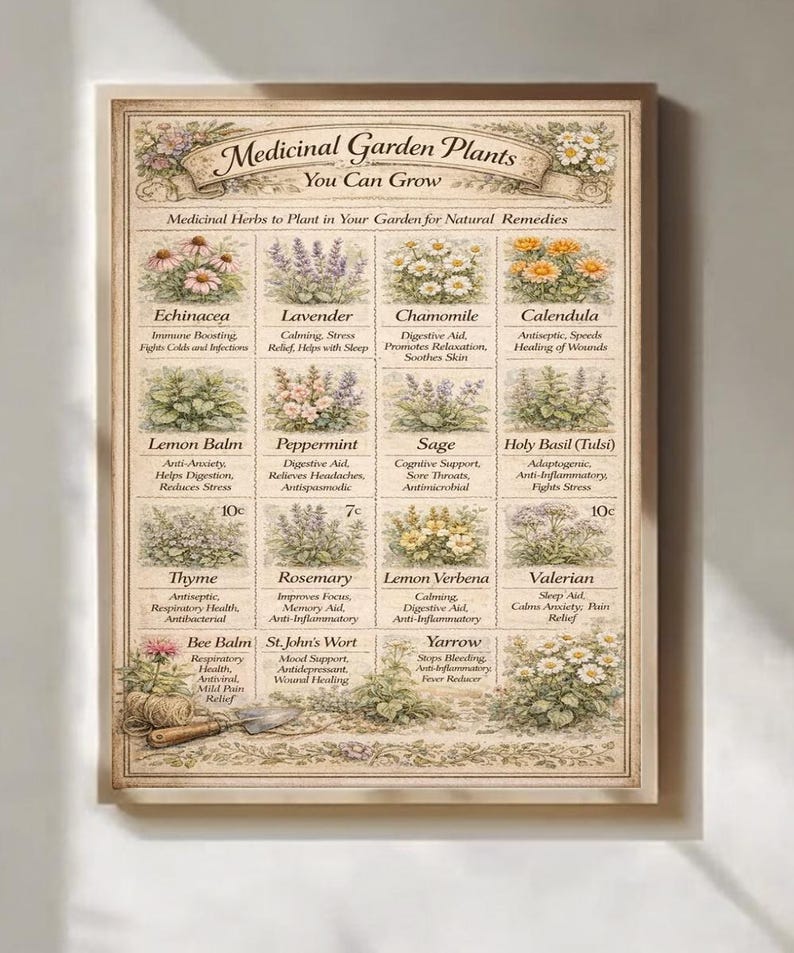 Medicinal Garden Plants Poster Vintage Botanical Wall Art - Etsy