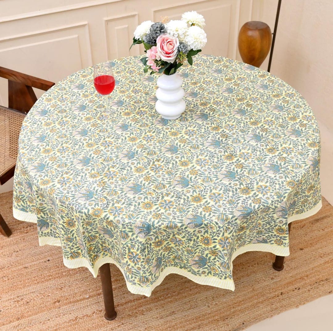 Moss Green Indian Floral Round Tablecloth, Block Print Round Table ...