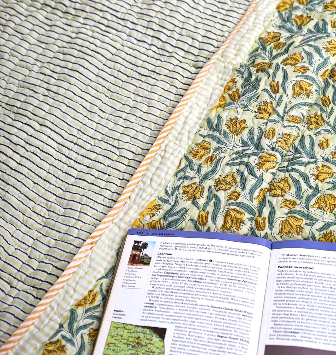 Hand Block Printed Cotton Bedspread: Jaipuri Floral Quilted Blanket - Etsy