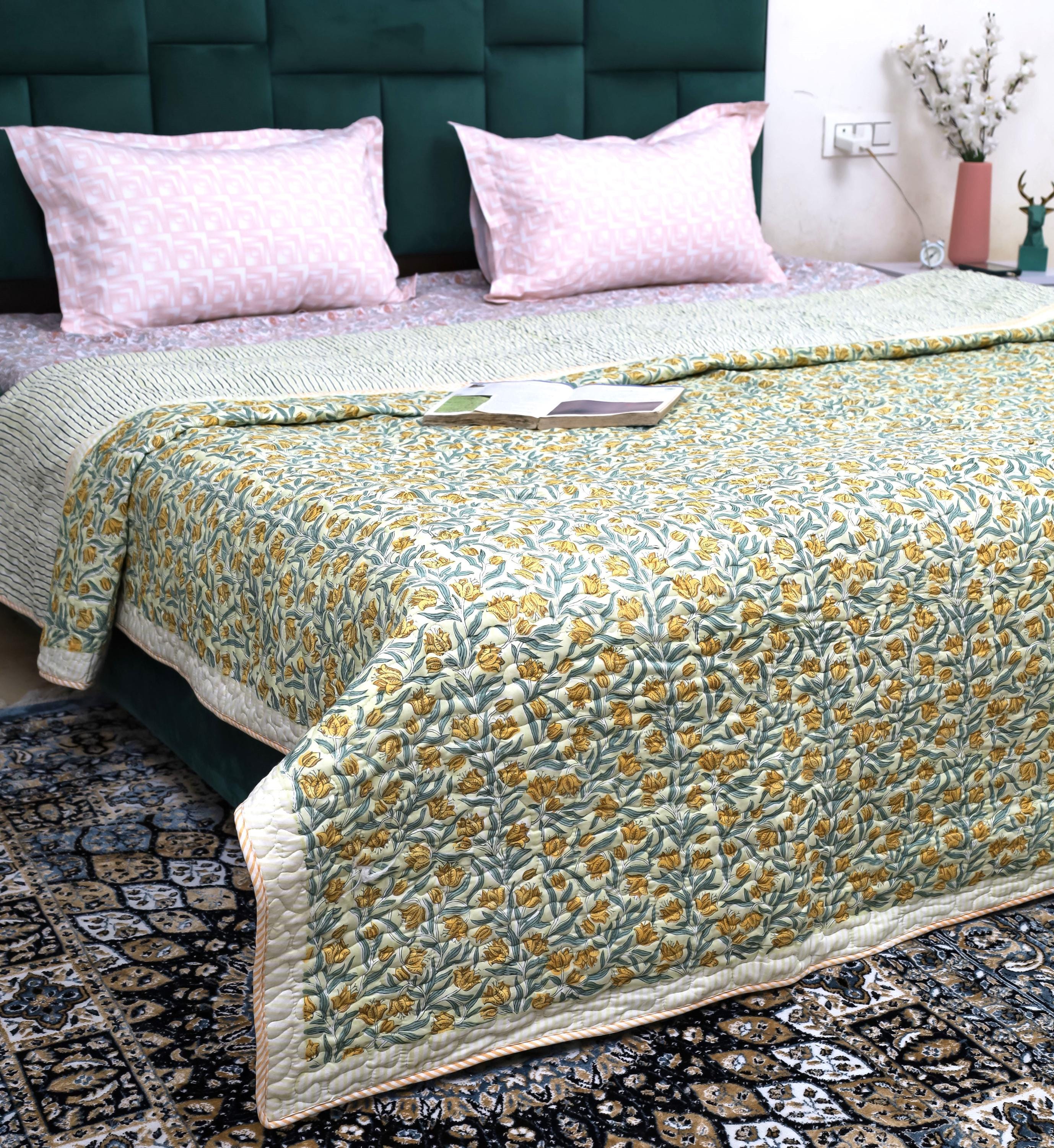 Hand Block Printed Cotton Bedspread: Jaipuri Floral Quilted Blanket - Etsy