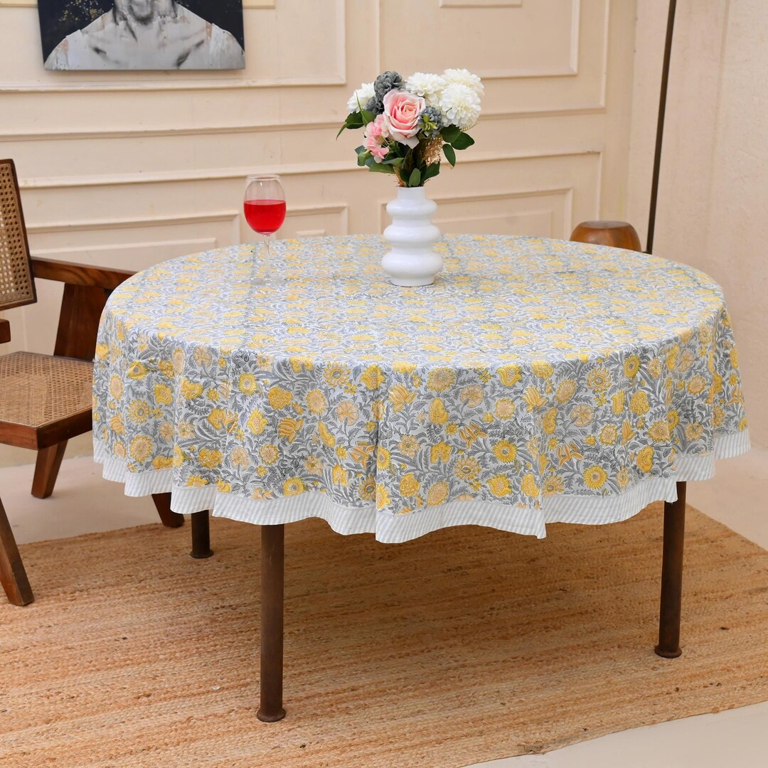 Hand Block Print Round Tablecloth, Indian Yellow & Grey Floral Printed ...