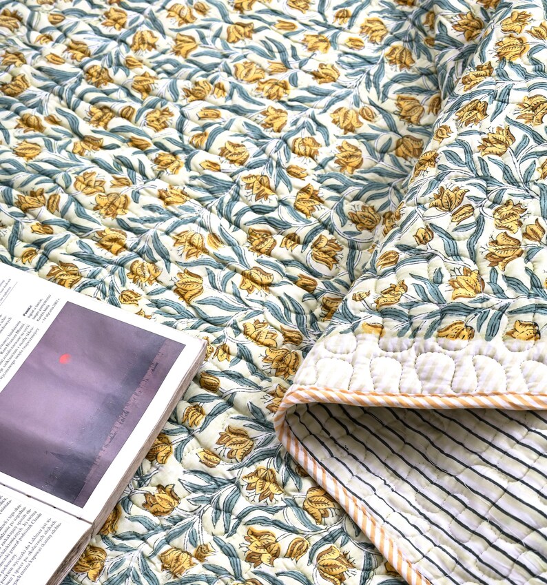 Hand Block Printed Cotton Bedspread: Jaipuri Floral Quilted Blanket - Etsy
