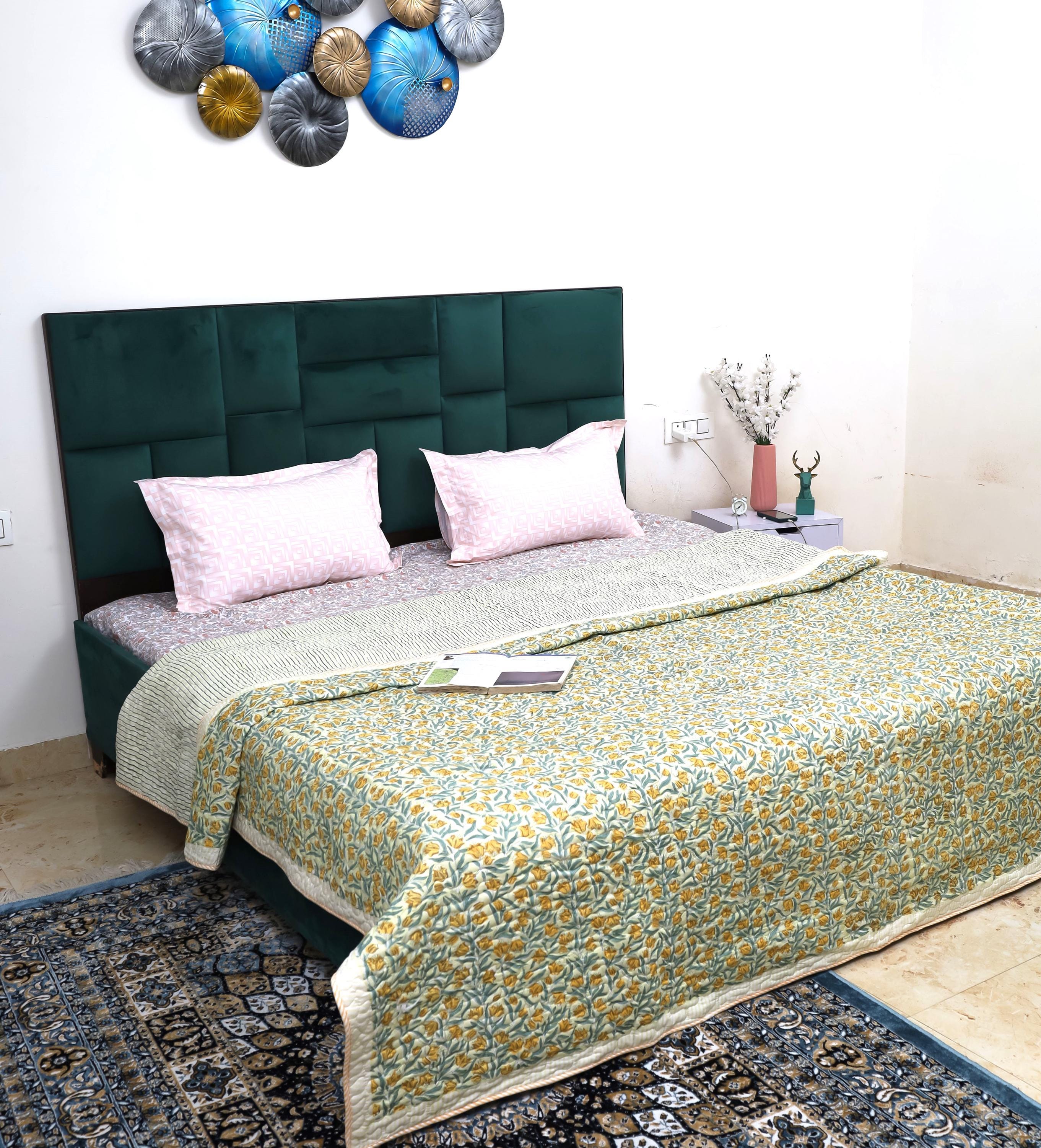 Hand Block Printed Cotton Bedspread: Jaipuri Floral Quilted Blanket - Etsy