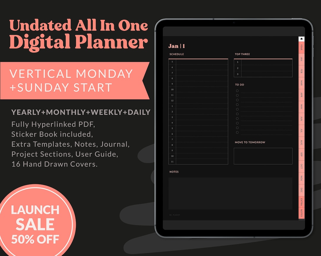 Undated Dark Mode Digital Planner Goodnotes, Vertical Monthly Weekly ...