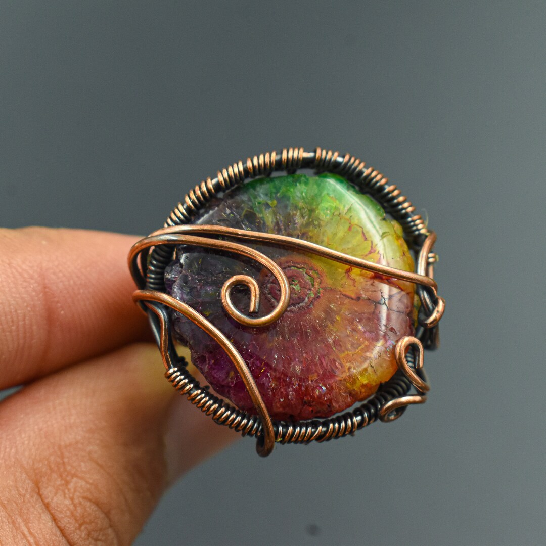 Rainbow Solar Quartz Ring Copper Wire Wrapped Cocktail Ring Copper Ring ...