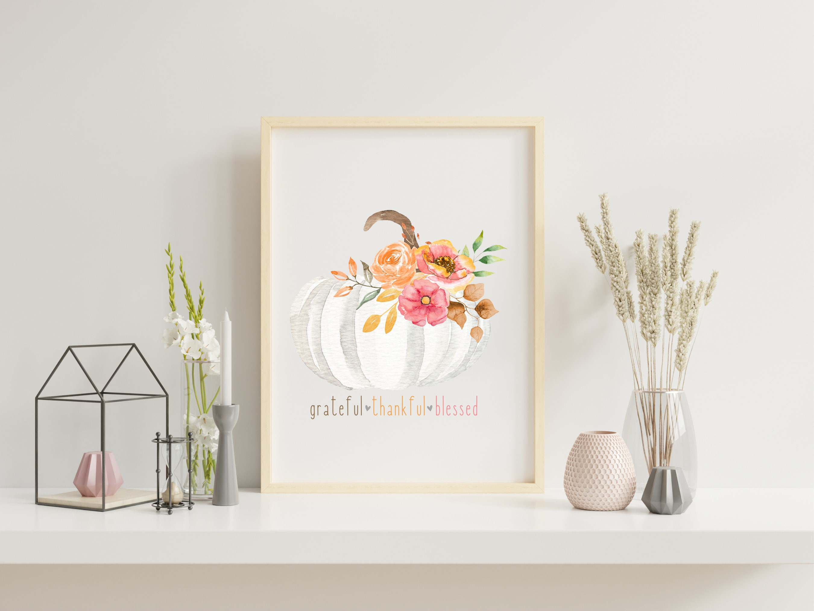 PRINTABLE Grateful Thankful Blessed Pumpkin Art Print Fall Wall Decor ...