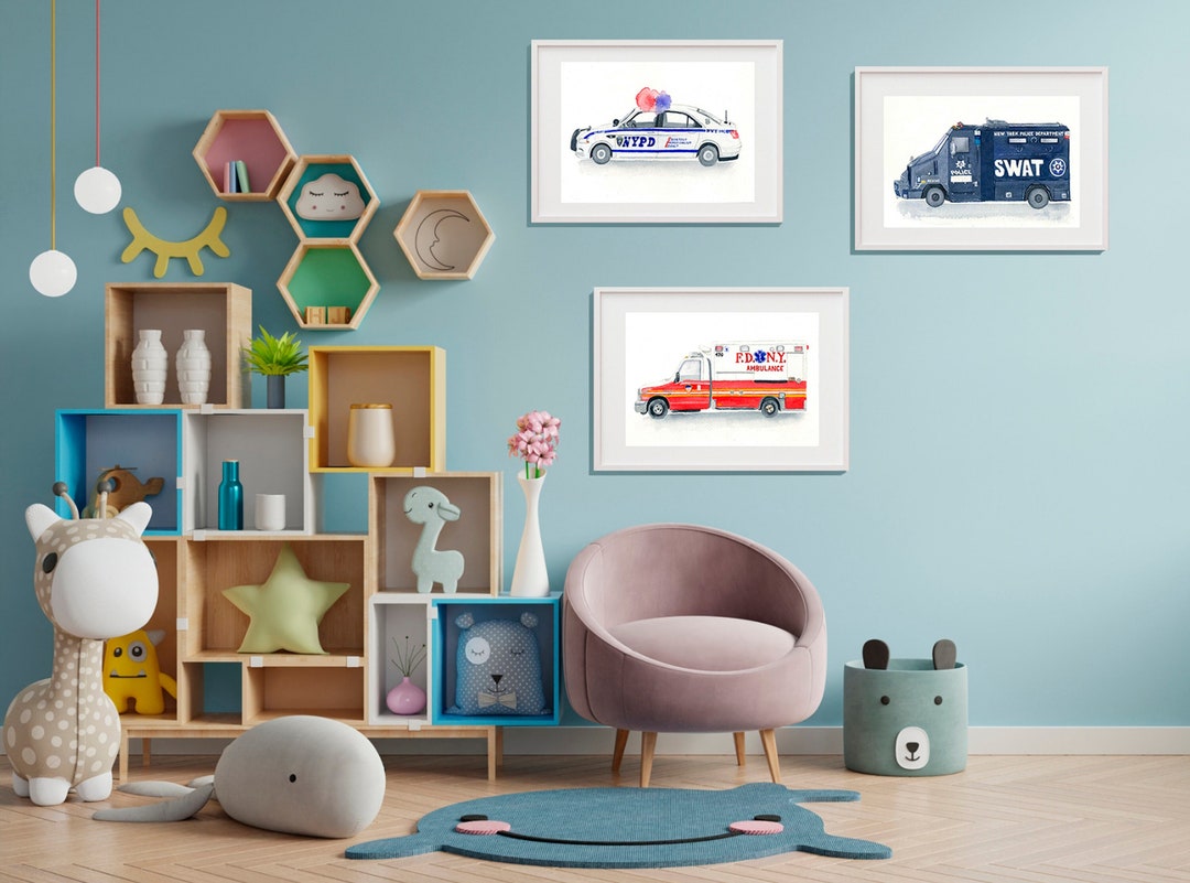Kids Emergency Vehicle Decor, Vibrant Recue Vehicle Poster for Toddler ...