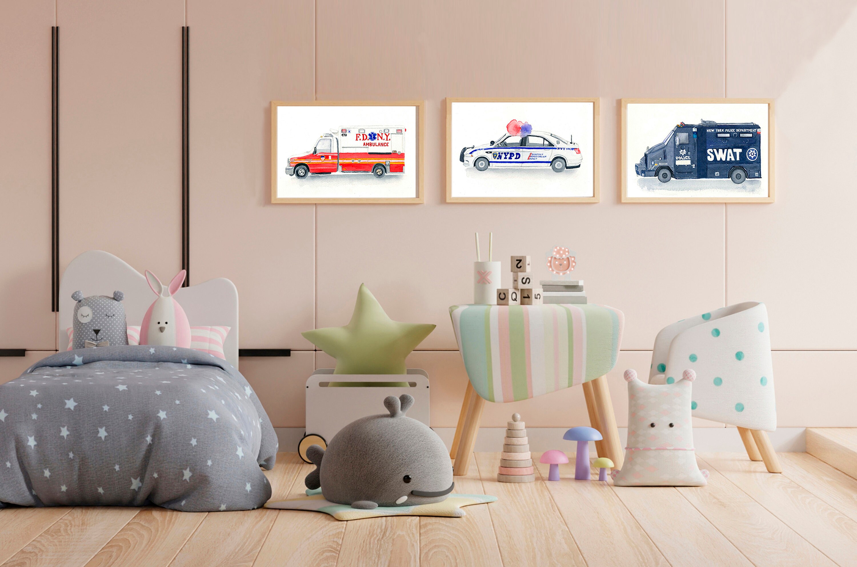 Kids Emergency Vehicle Decor, Vibrant Recue Vehicle Poster for Toddler ...