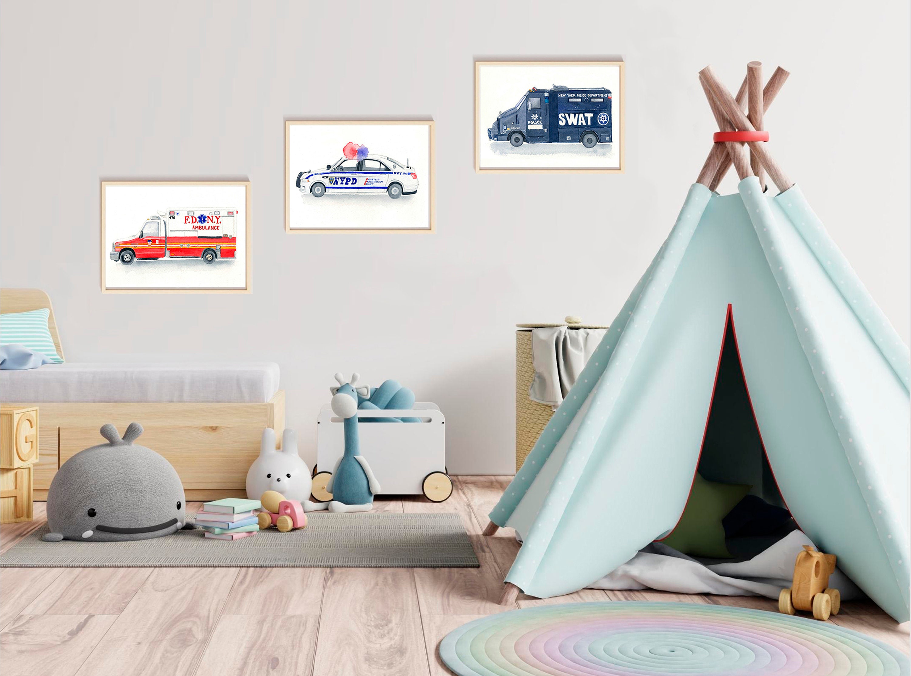 Kids Emergency Vehicle Decor, Vibrant Recue Vehicle Poster for Toddler ...